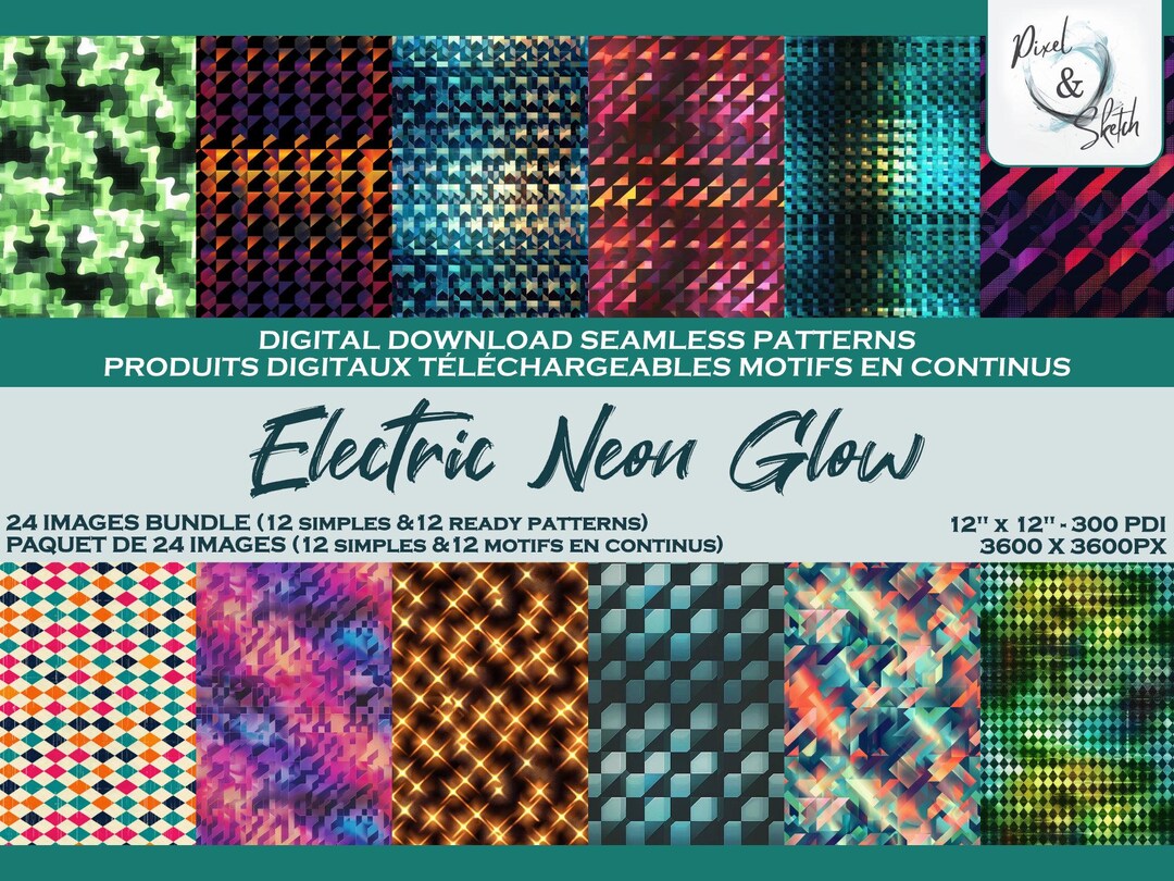 Neon Art Colorful Luminious Electric Seamless Pattern Bundle, Printable ...