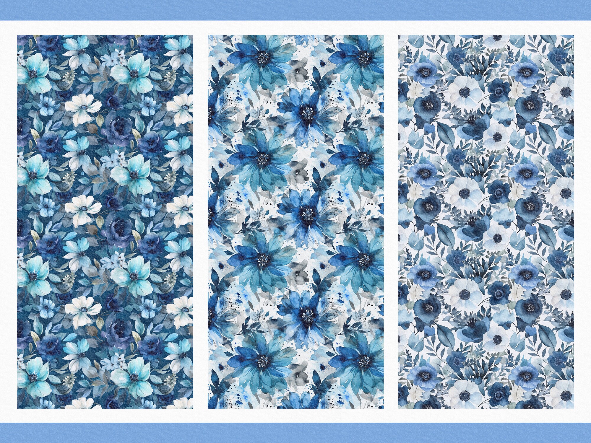 Digital Seamless Pattern Bundle Digital Download Blue Flowers Blue ...