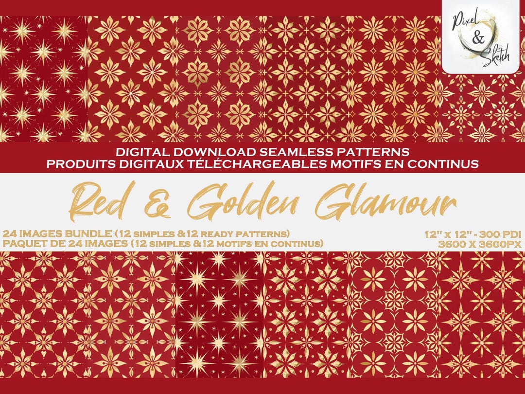 Red and Gold Geometric Shape Digital Paper, Seamless Pattern Bundle ...
