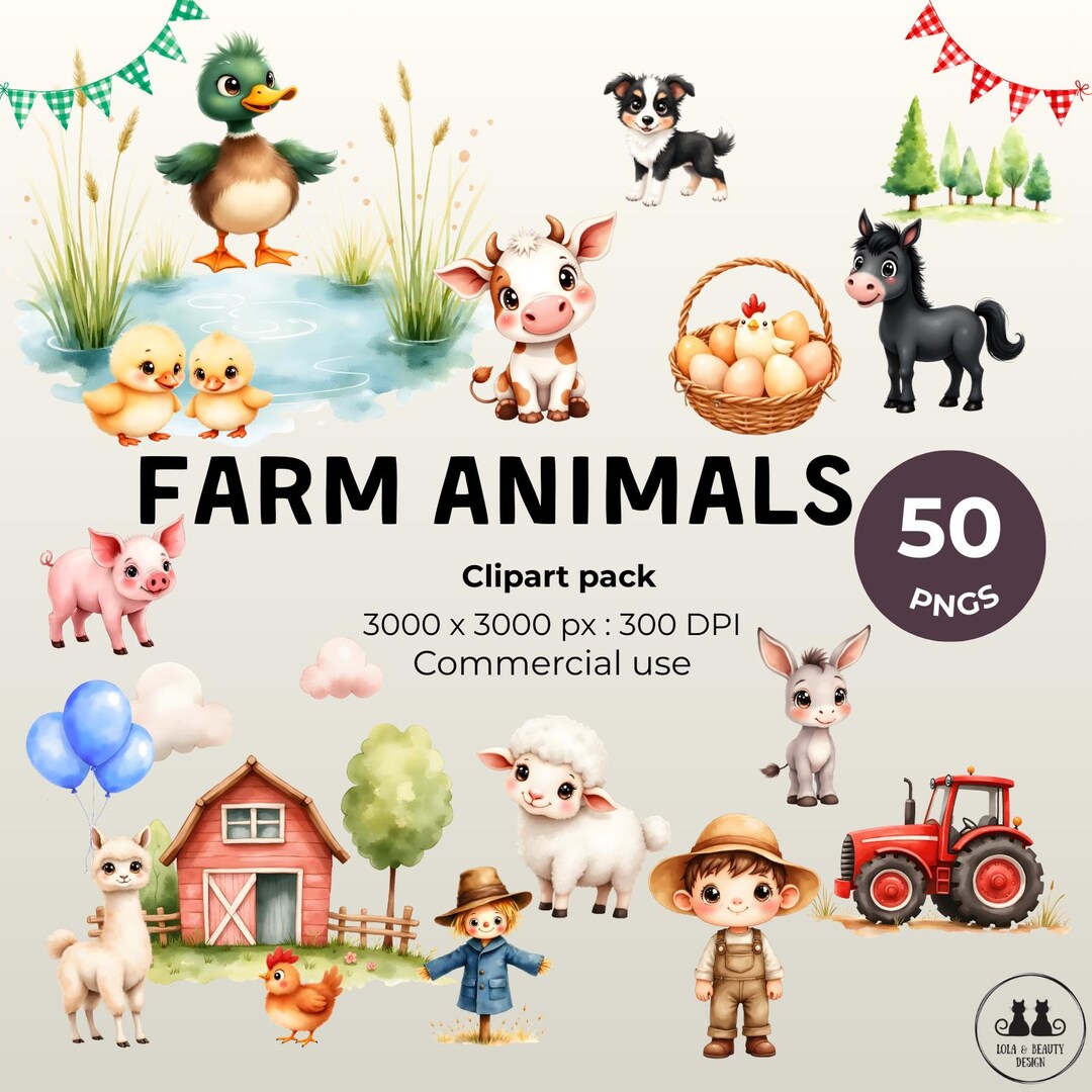 Farm Animal Clipart Bundle PNG, Baby Shower, Party Illustrations - Etsy