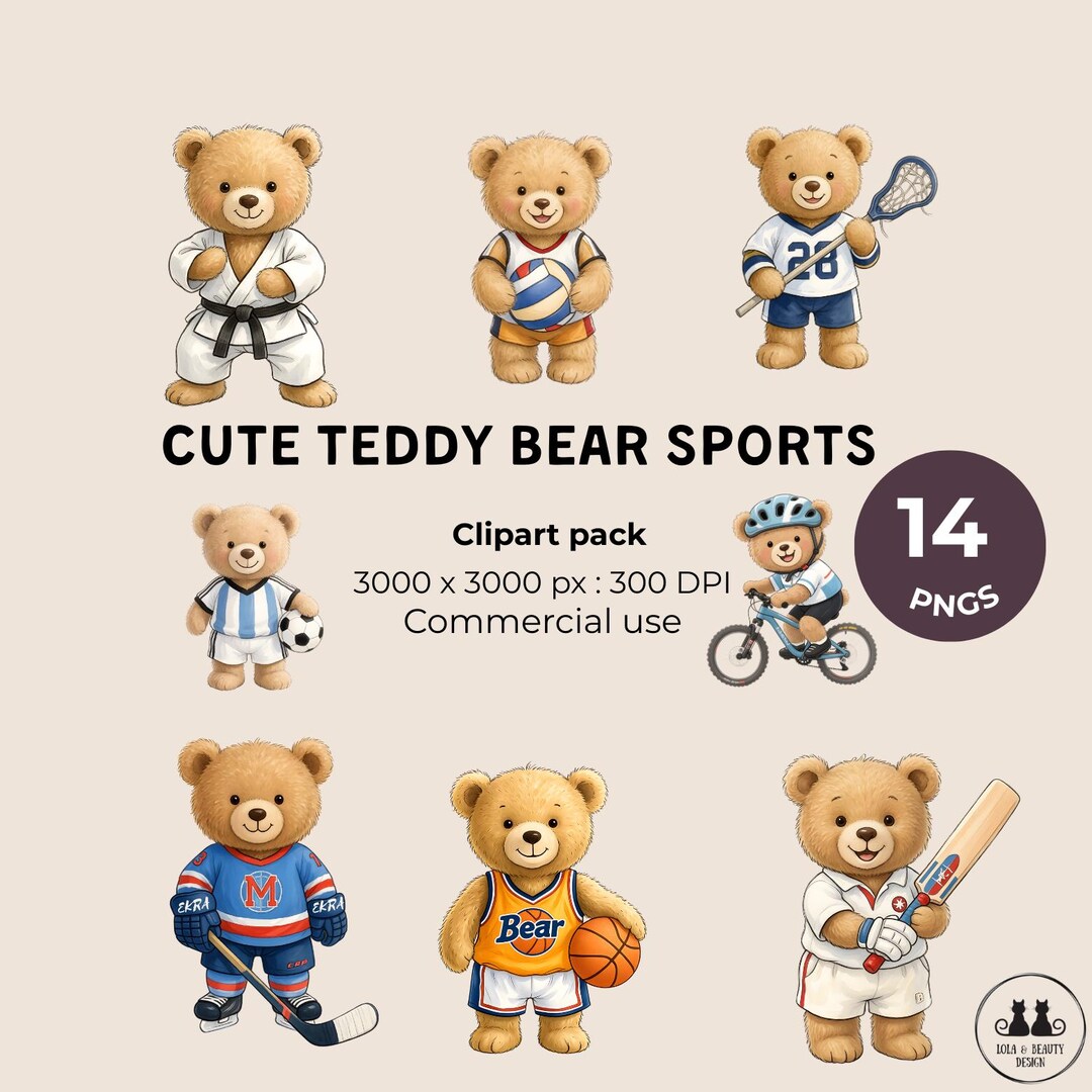 Teddy Bear Sports Clipart Pack Kids Sports Illustration Pngs - Etsy