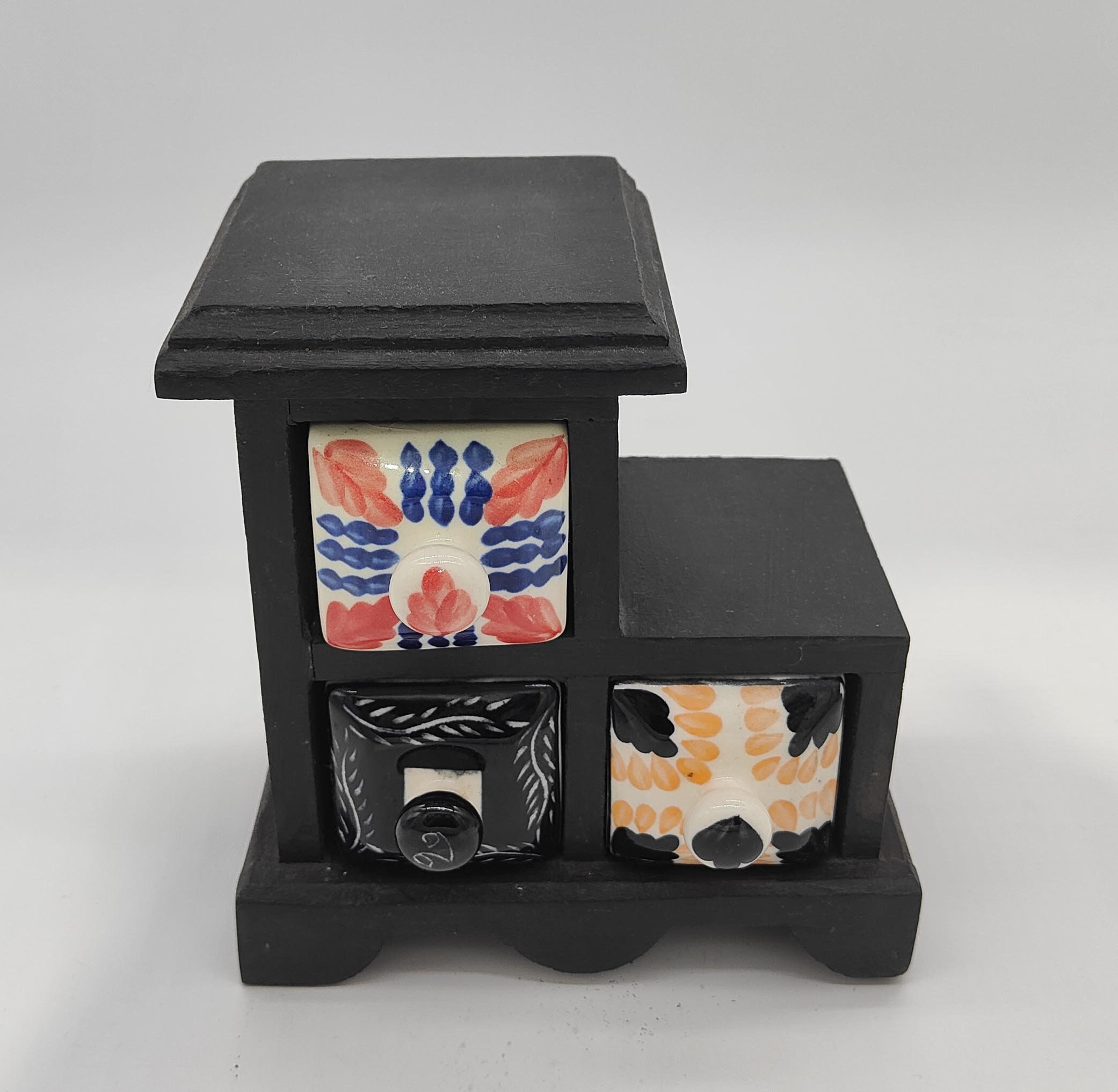 Wood Jewellery Box Cabinet With 3 Hand Painted Ceramic Drawers ...
