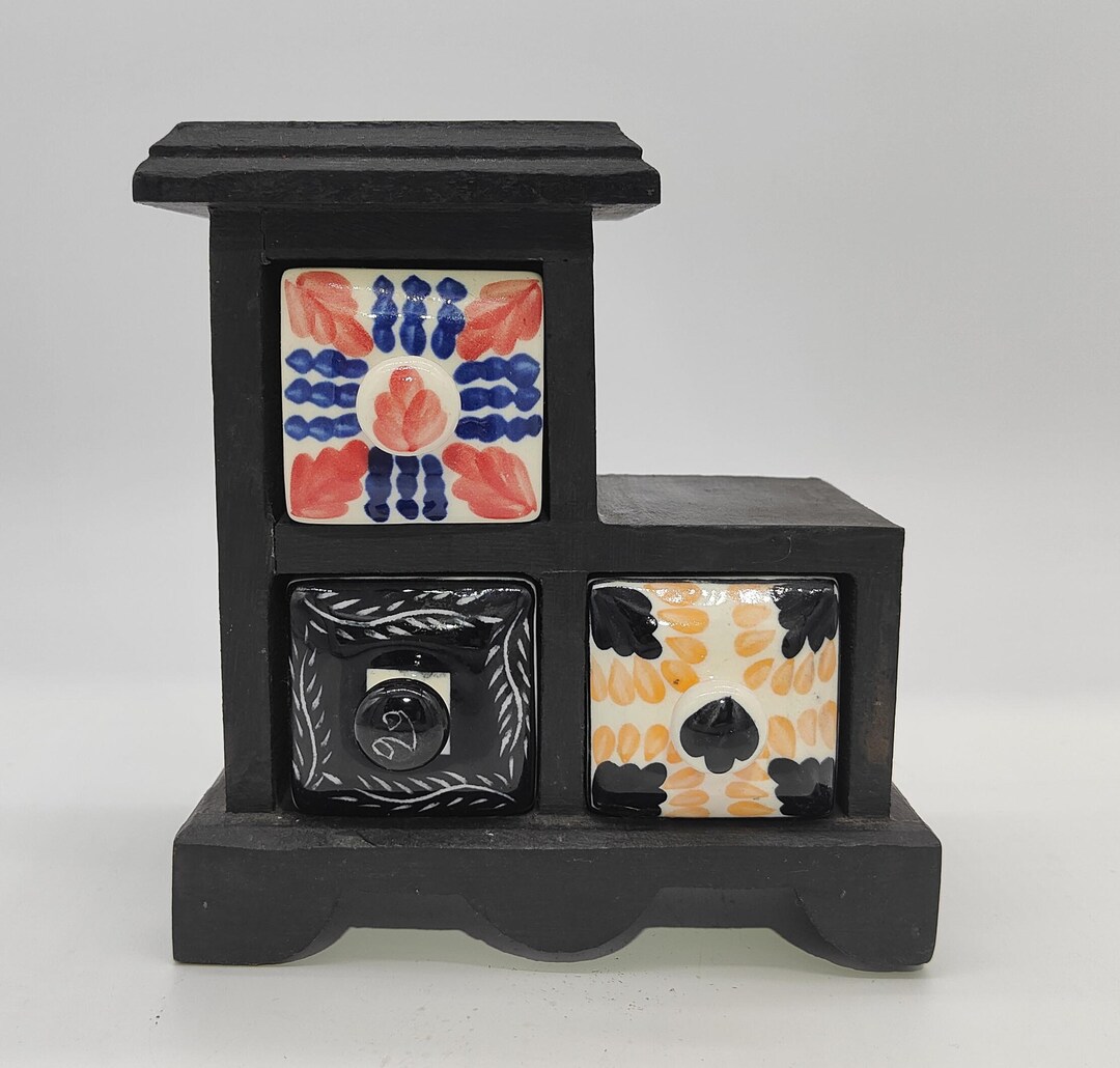 Wood Jewellery Box Cabinet With 3 Hand Painted Ceramic Drawers ...