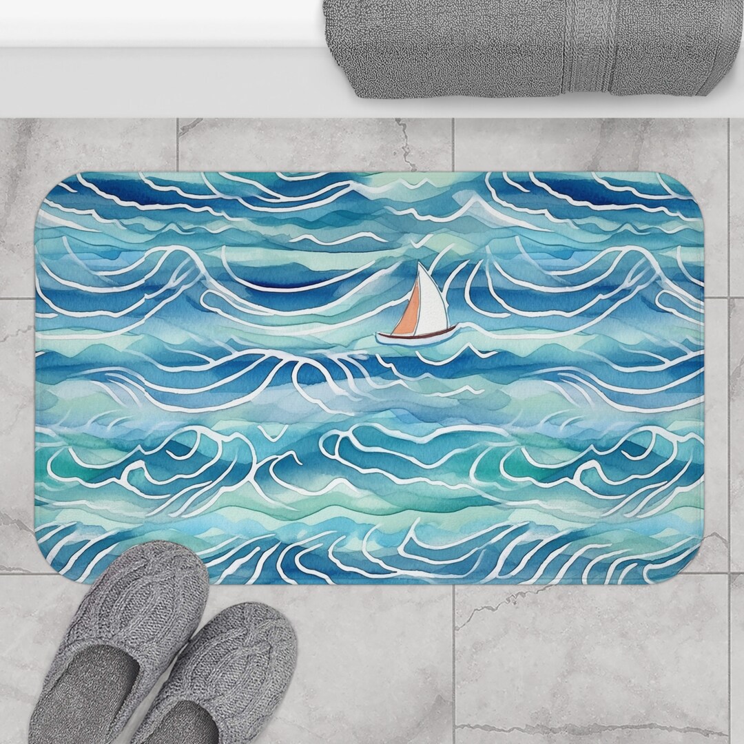 Nautical Bath Mat Sailboat Blue Waves Bathroom Rug Coastal Bathroom ...