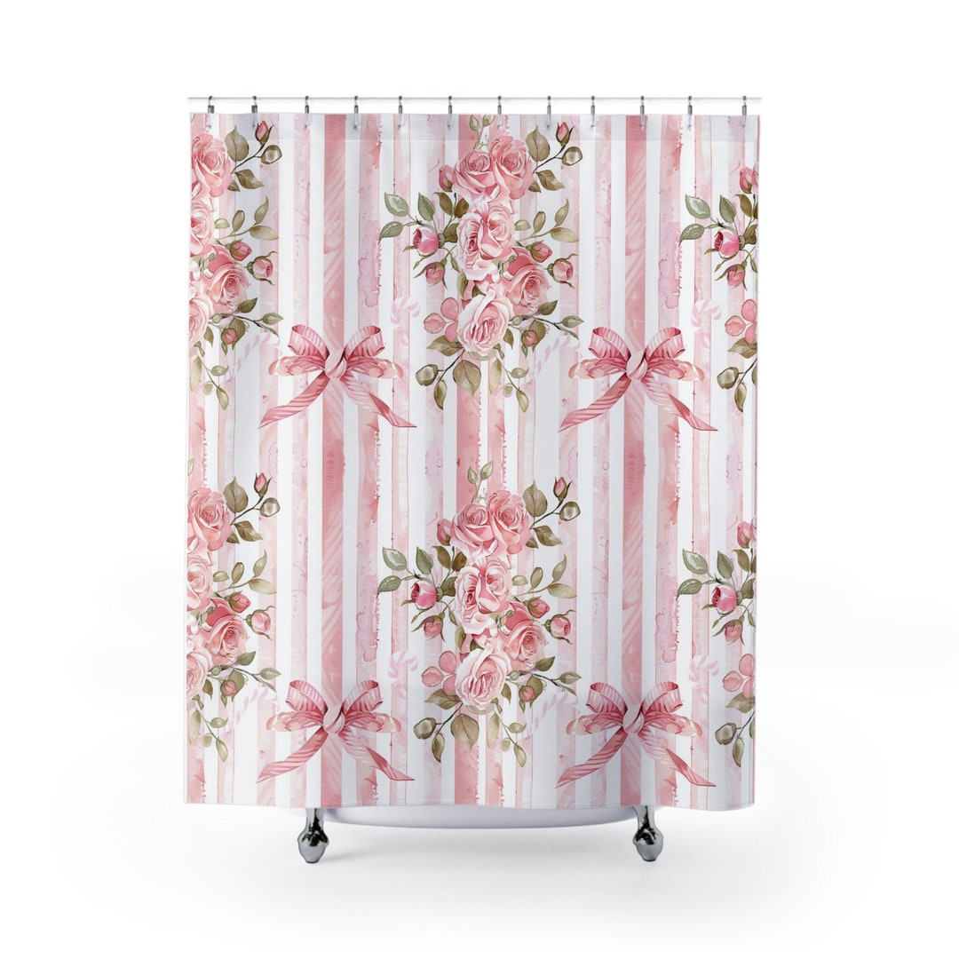 Pink Bows and Roses Shower Curtain Coquette Bathroom Decor Girly Shower ...