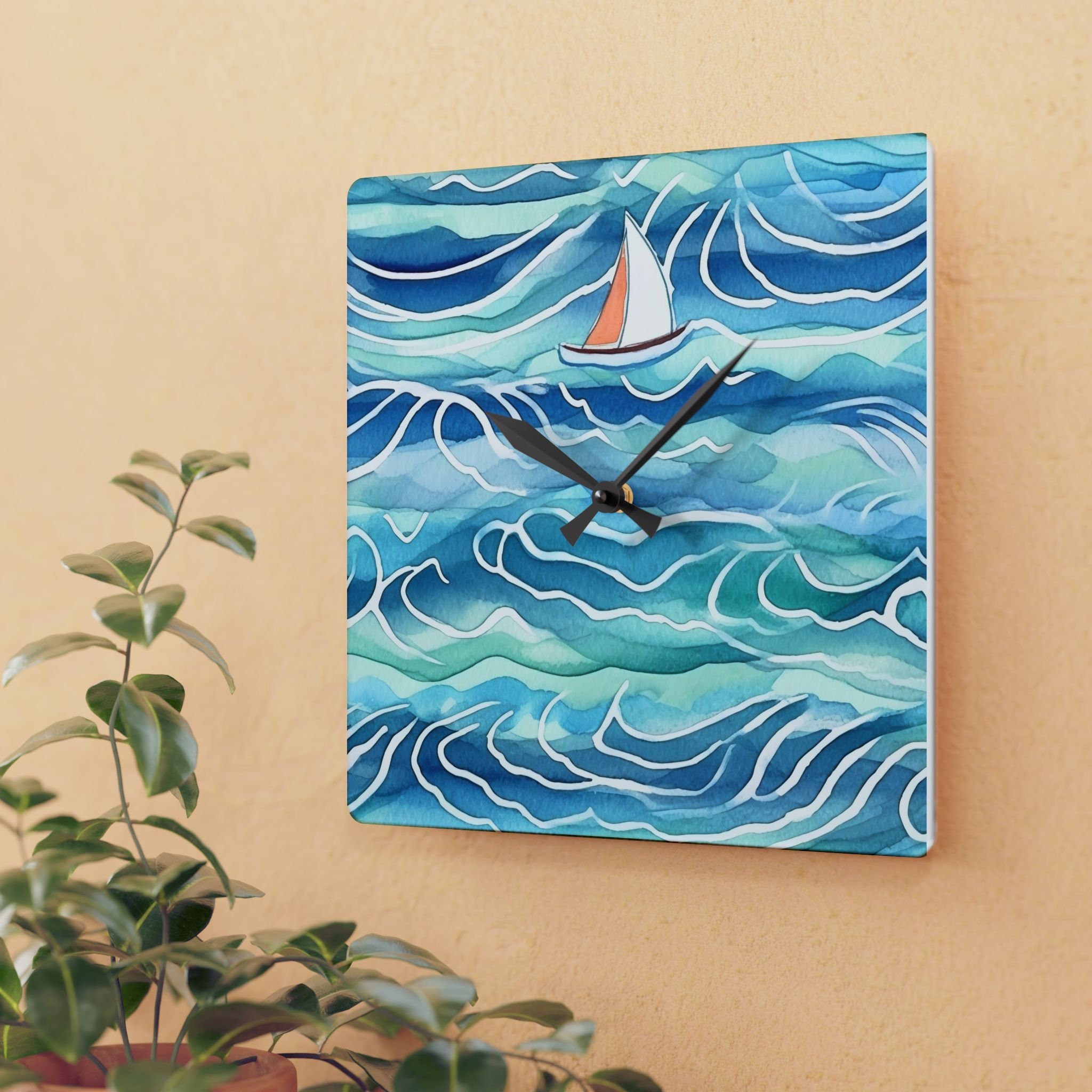 Blue Wavy Wall Clock Beach Themed Clock Coastal Decor Sailboat Tropical ...