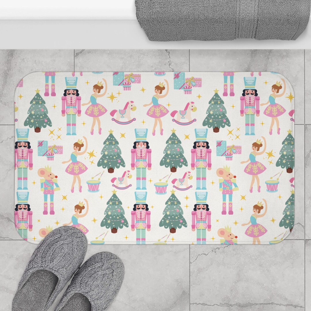 Nutcracker Bath Mat, Coquette Pink Christmas Bathroom Rug, Shabby Chic ...
