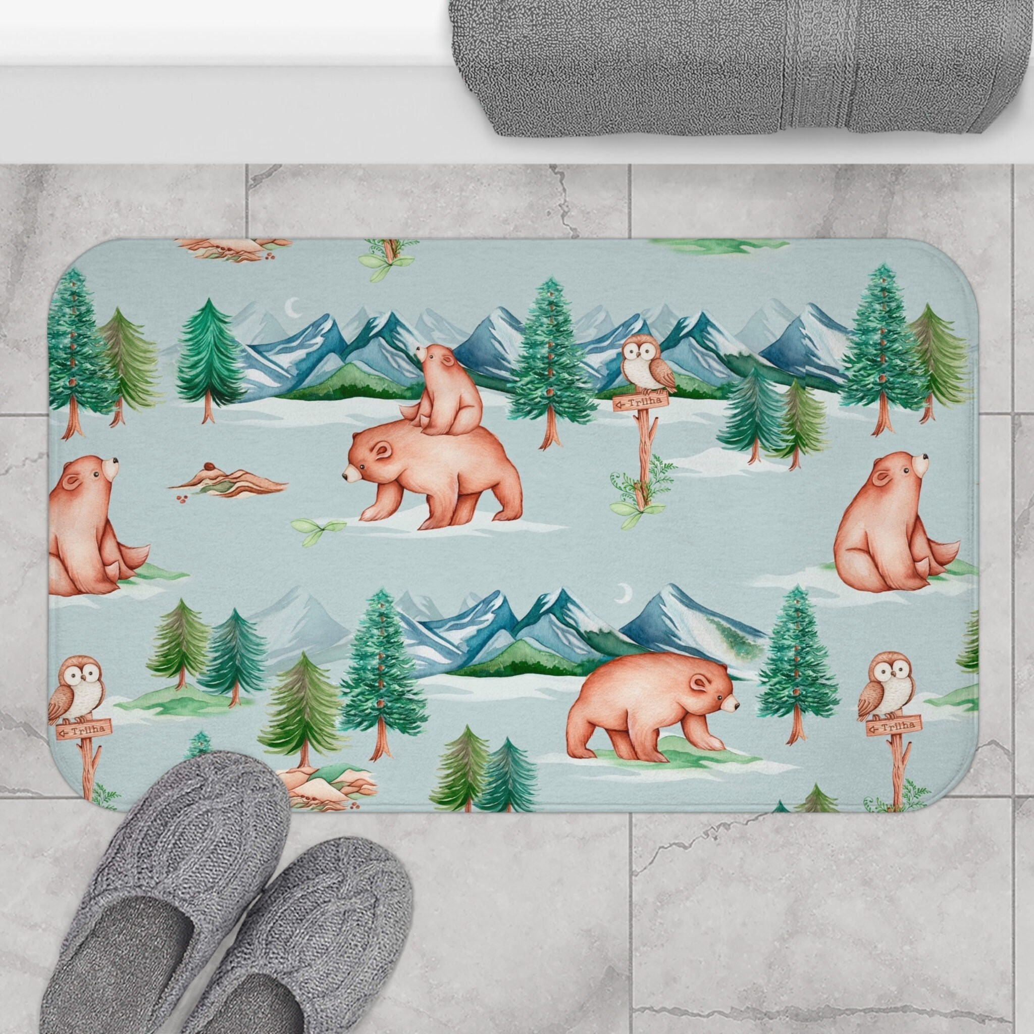 Forest Bath Mat Featuring a Mama and Baby Bear in a Forest Setting ...