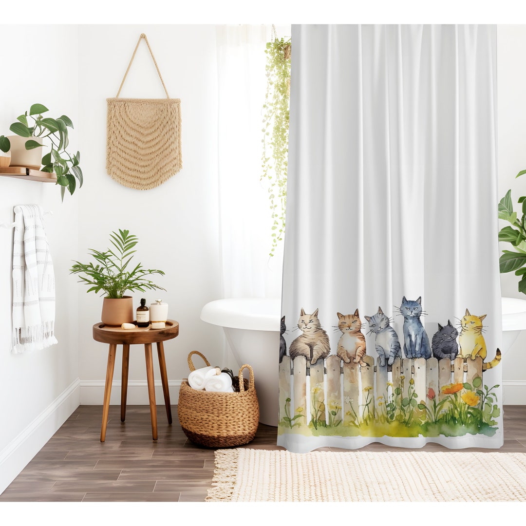 Lots of Cats on Fence Shower Curtain Cute Cat Bathroom Decor Cat Lovers ...