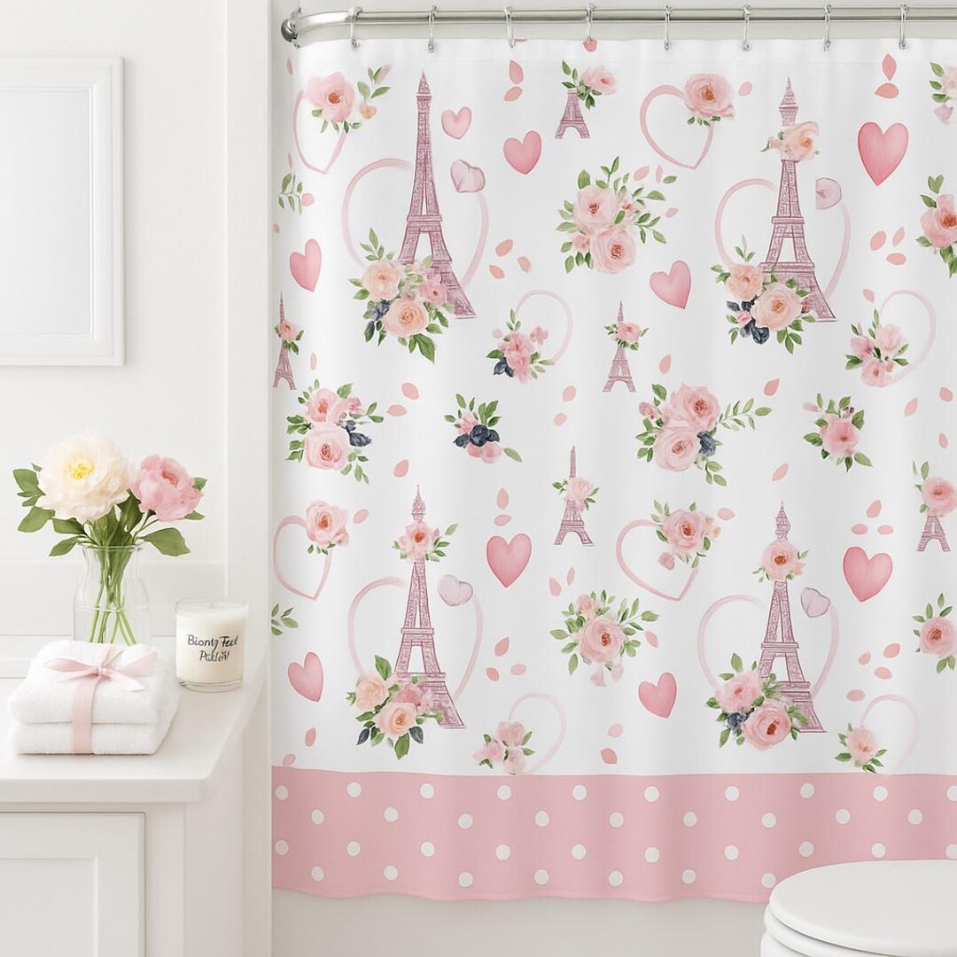 Pink Eiffel Tower Shower Curtain | Parisian Floral Bathroom Decor - Etsy