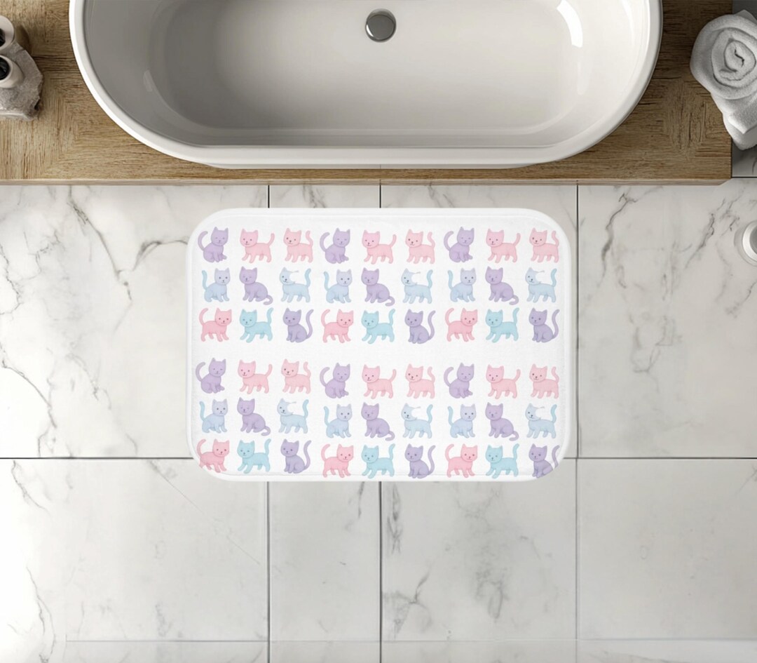 Pastel Cat Bath Mat, Cute Kitten Bathroom Rug, Soft Kitty Cat Shower ...