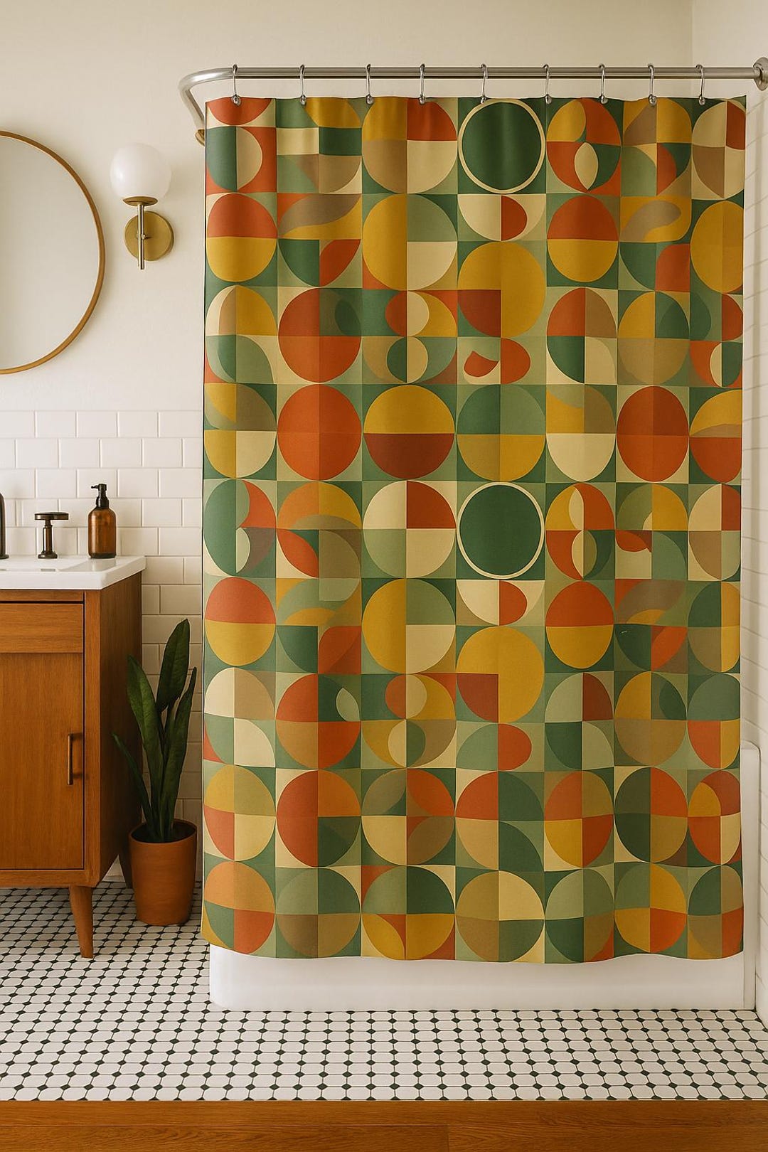 Mid Century Geometric Pattern Shower Curtain | Retro Circles & Semi ...