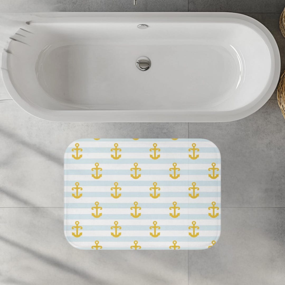 Nautical Bath Mat, Anchor Bathroom Rug, Blue Striped Bathmat, Coastal ...