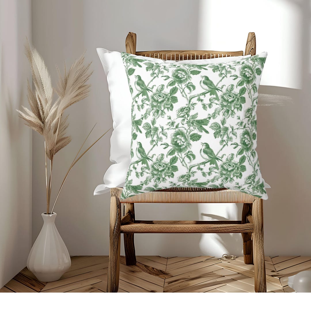 Green Toile Cottagecore Pillow Vintage Bird Floral Square Pillow ...