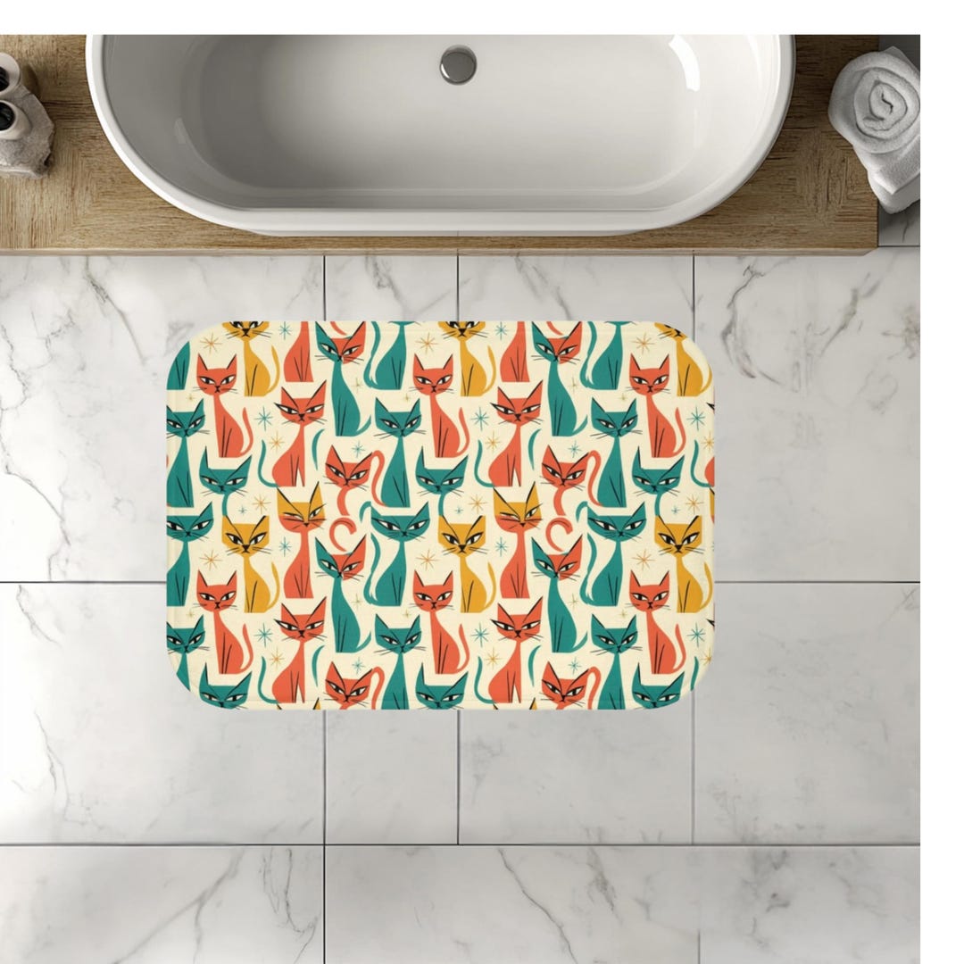Colorful Mid-century Atomic Cat Bath Mat, Retro Bathroom Decor, Non ...
