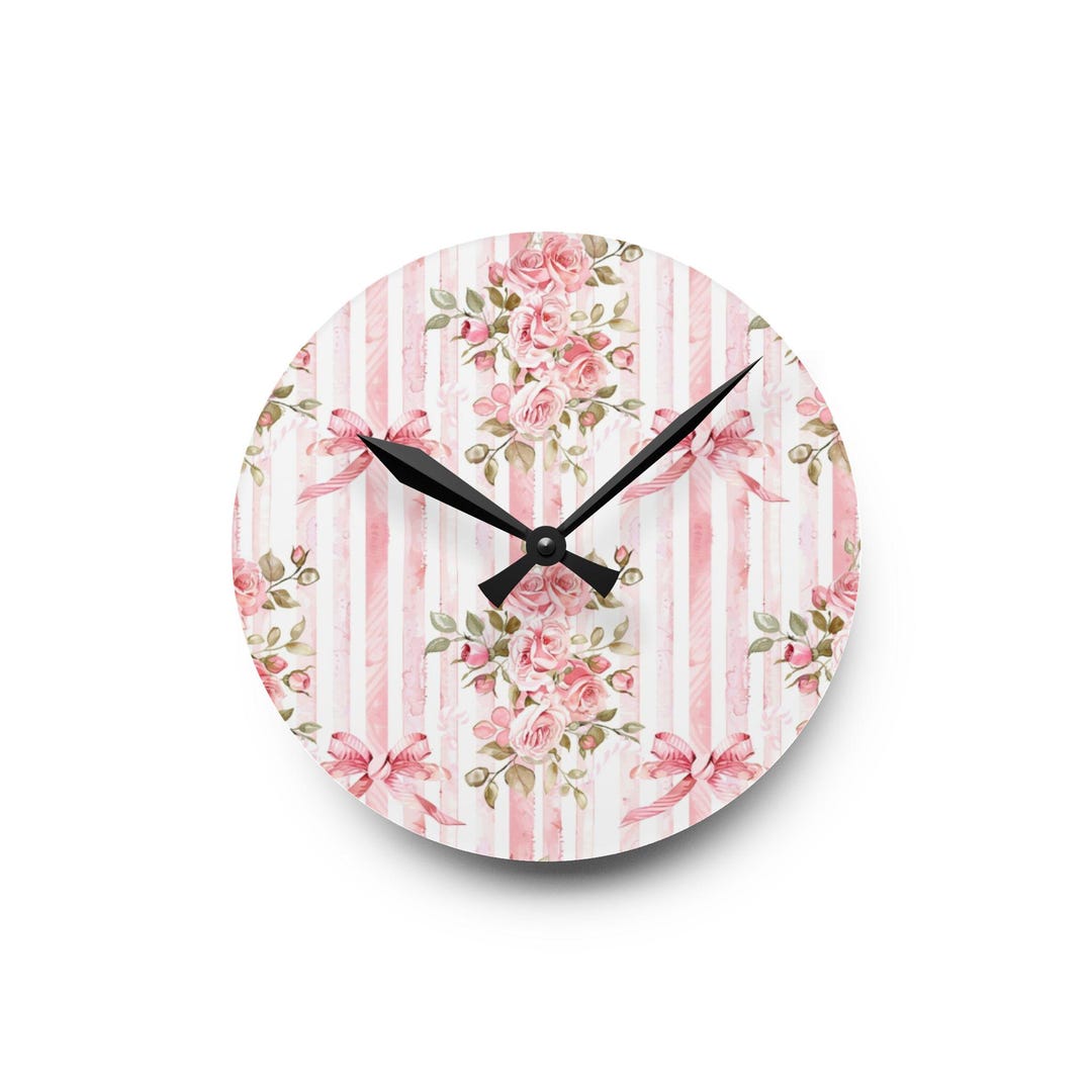 Shabby Chic Wall Clock Pink Roses and Bows Home Decor Bedroom Clock ...