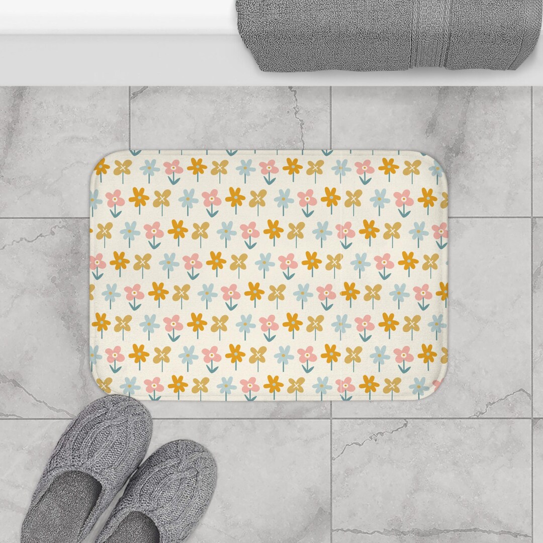 Whimsical Daisy Bath Mat - Spring Bathroom Decor, Retro Floral Bath Rug ...