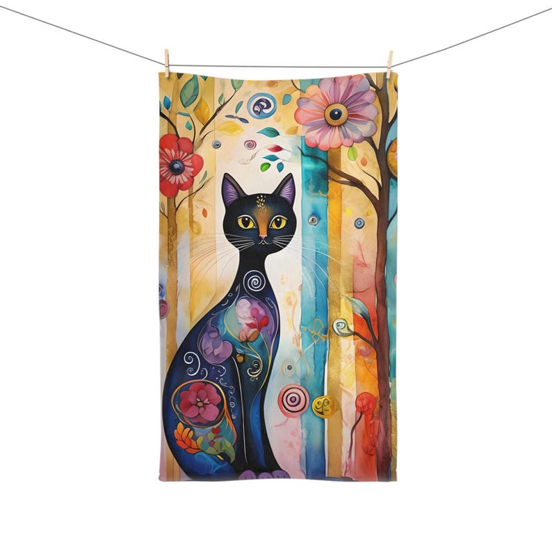 Whimsical Atomic Cat Retro Floral Black Cat Hand Towel Colorful Animal ...