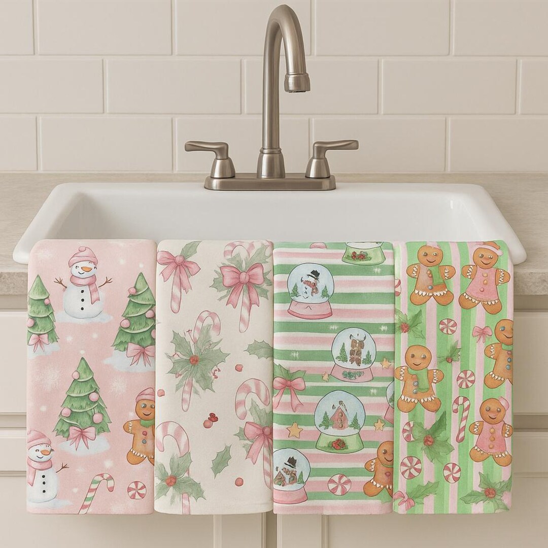 Pastel Christmas Kitchen Towel Set, Farmhouse Holiday Prints - Etsy