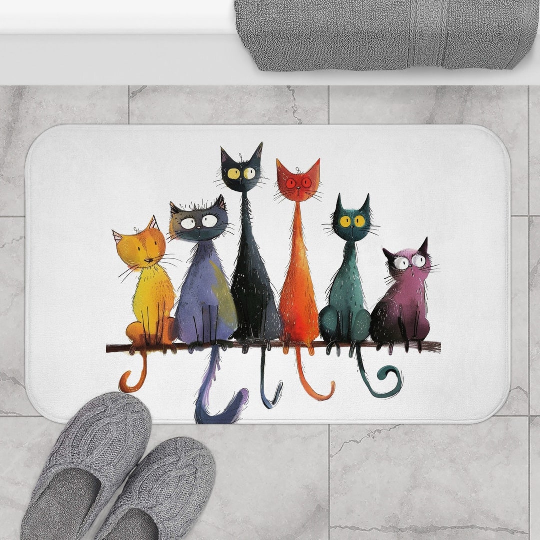 Funny Cats Bath Mat Silly Cats Bath Rug Cat Lover Gifts Cats Bathroom ...