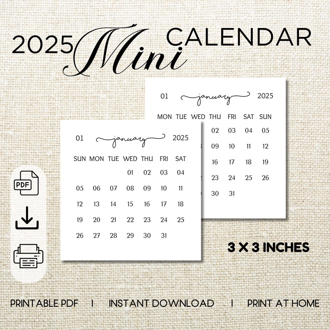 2025 Mini Calendar 3x3 Inches Small Calendar Pocket Printable Desk ...