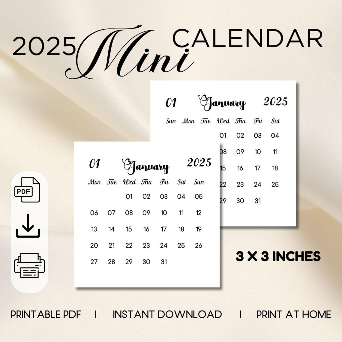 2025 Mini Calendar 3x3 Inches Small Calendar Pocket Printable Desk ...