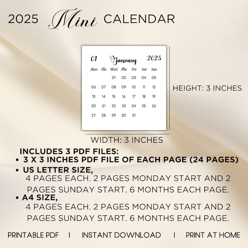 2025 Mini Calendar 3x3 Inches Small Calendar Pocket Printable Desk ...