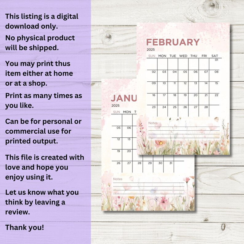 Watercolor Flower Field Printable Planner Pages V1 2025 Monthly ...