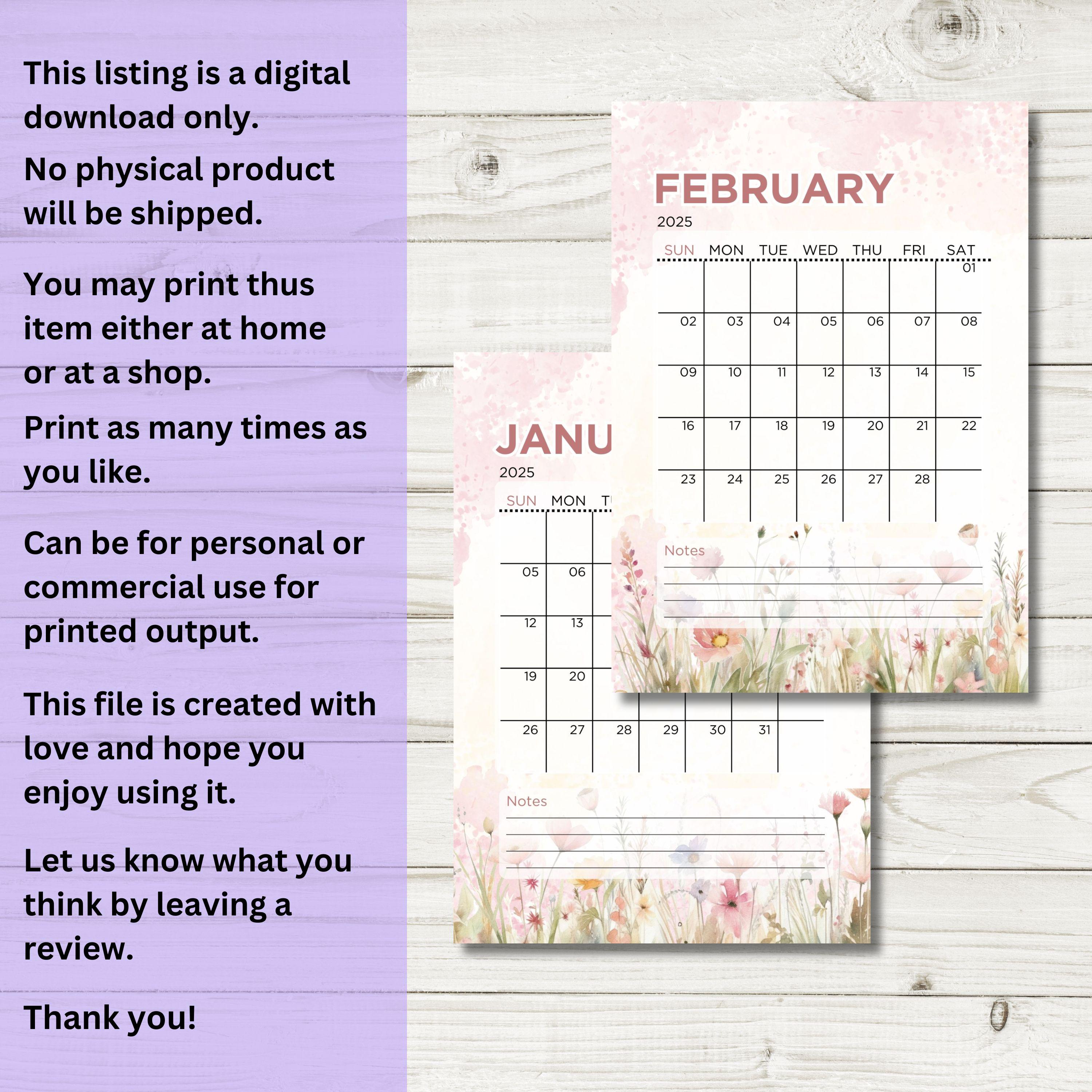 Watercolor Flower Field Printable Planner Pages V1 2025 Monthly ...