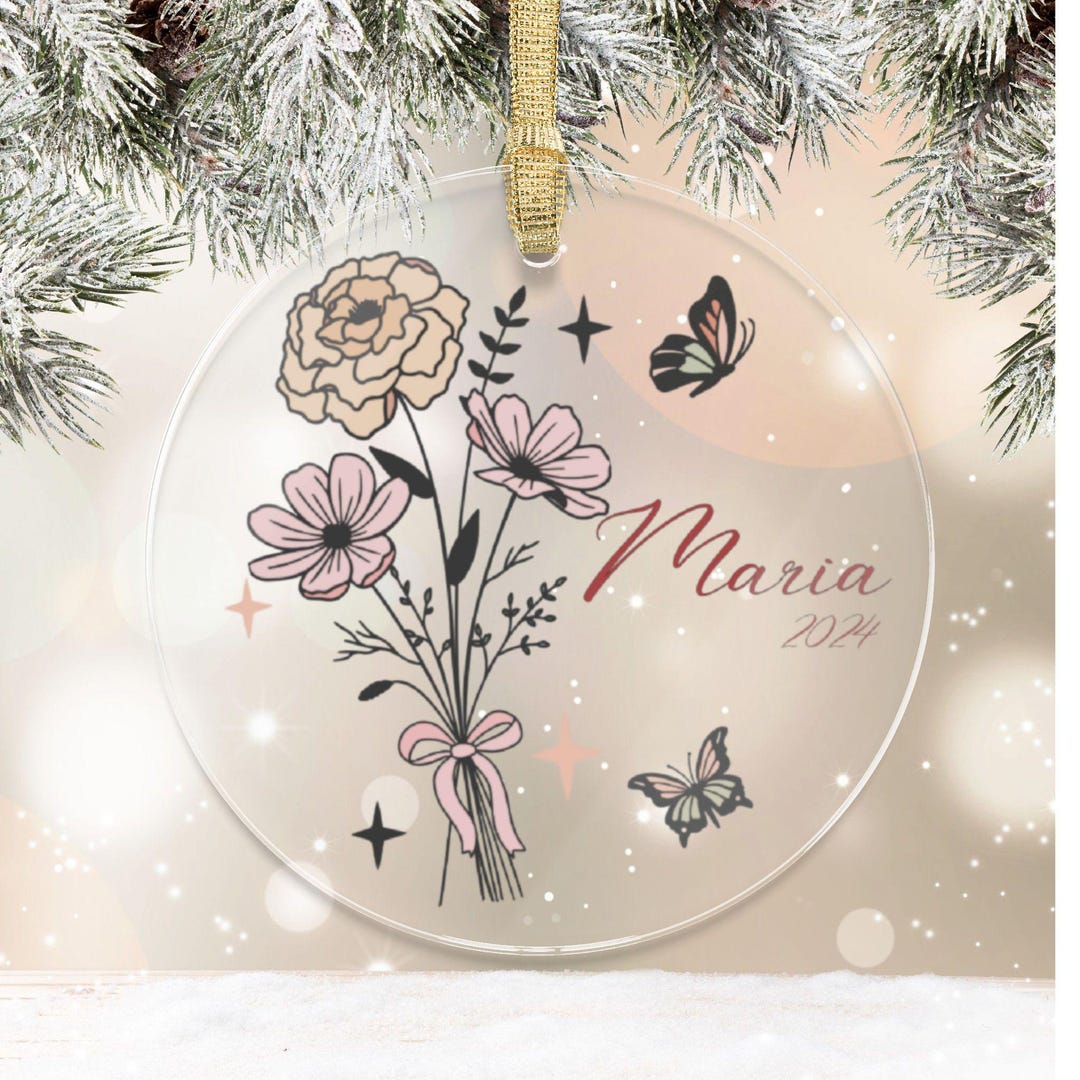 Personalized Birth Flower Acrylic Ornaments, Custom Name and Year ...