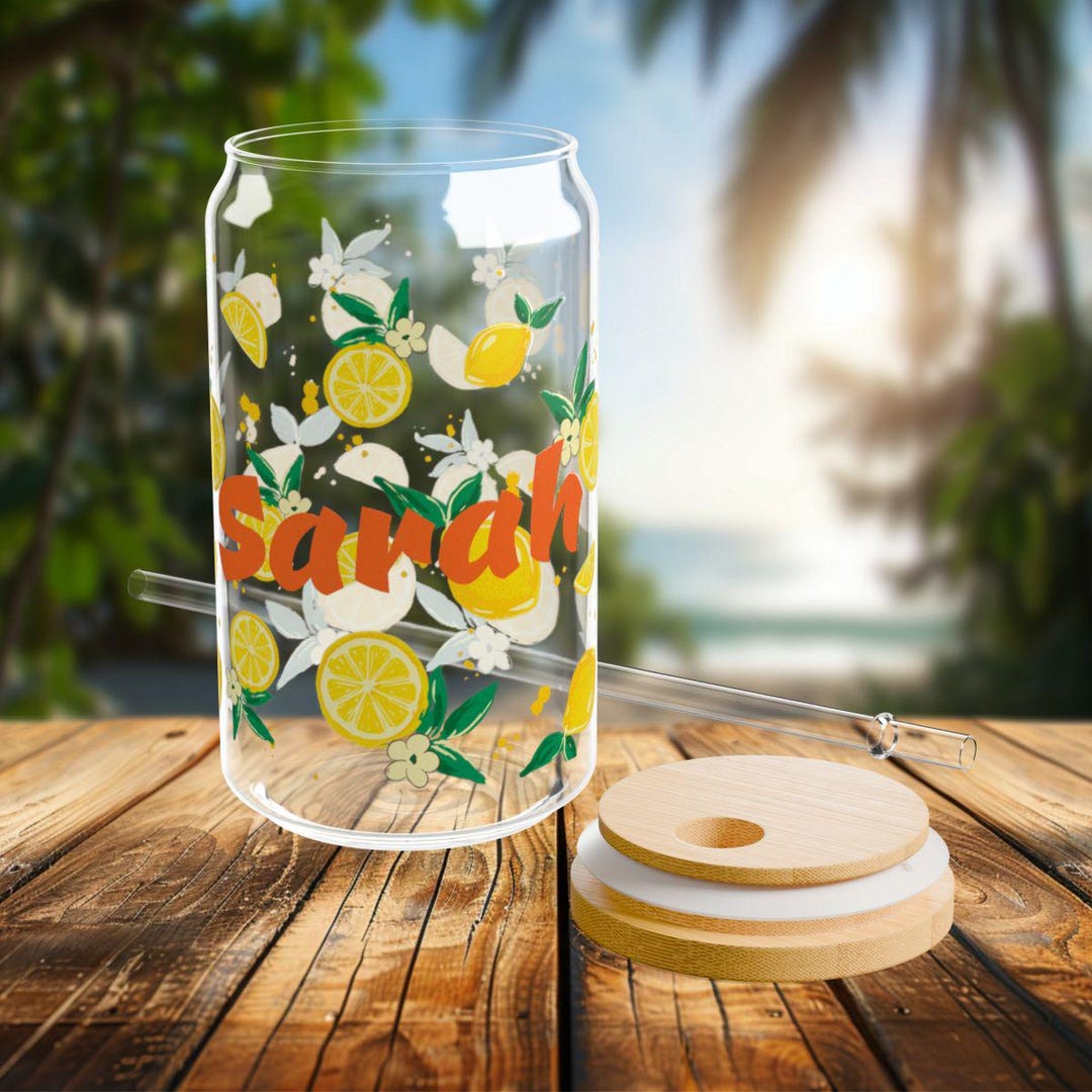 Custom Retro Vintage Lemon Glass Cup With Bamboo Lid Reusable Straw ...