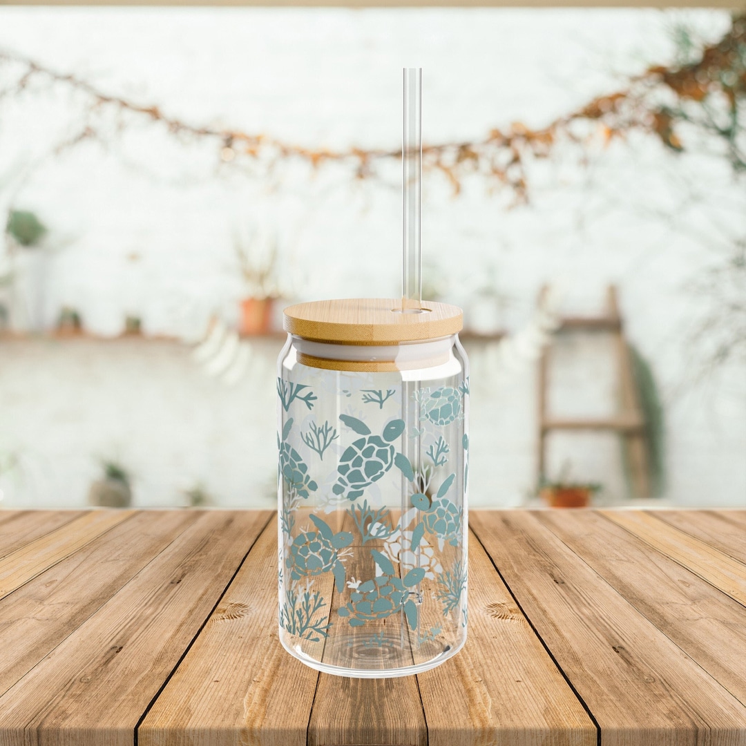 Turtle Glass Cup With Bamboo Lid Reusable Straw Sea Animal Design Glass ...