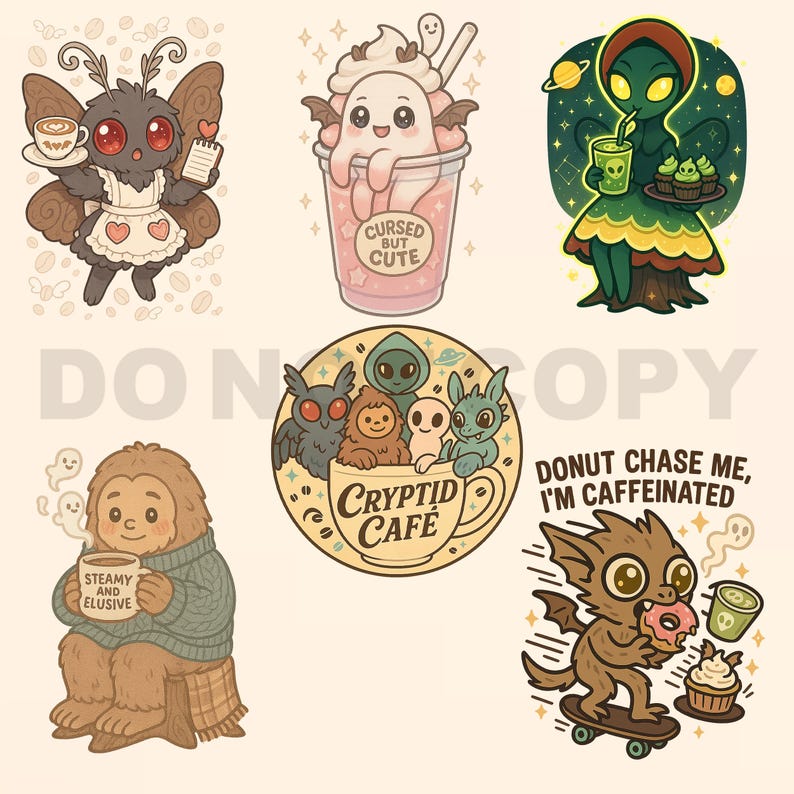 Cryptid Café Cute SVG PNG Bundle | Kawaii Mothman, Cursed Milkshake ...