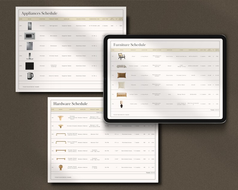 Interior Design Furniture, Finishes and Fixtures Schedule Template for ...