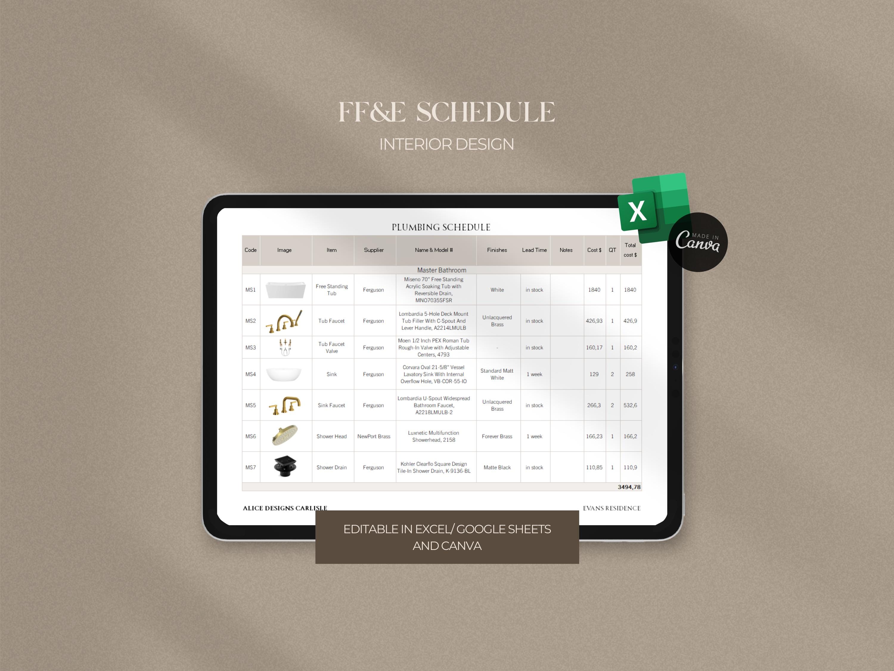 FF&E Schedule | Excel, Canva and Sheets | Furniture, Fixture and ...