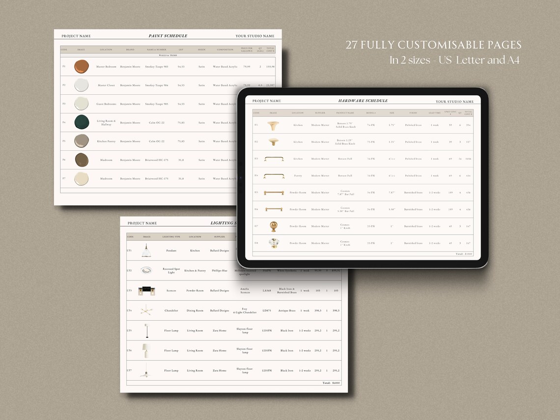 Interior Design Furniture, Finishes and Fixtures Schedule Template for ...
