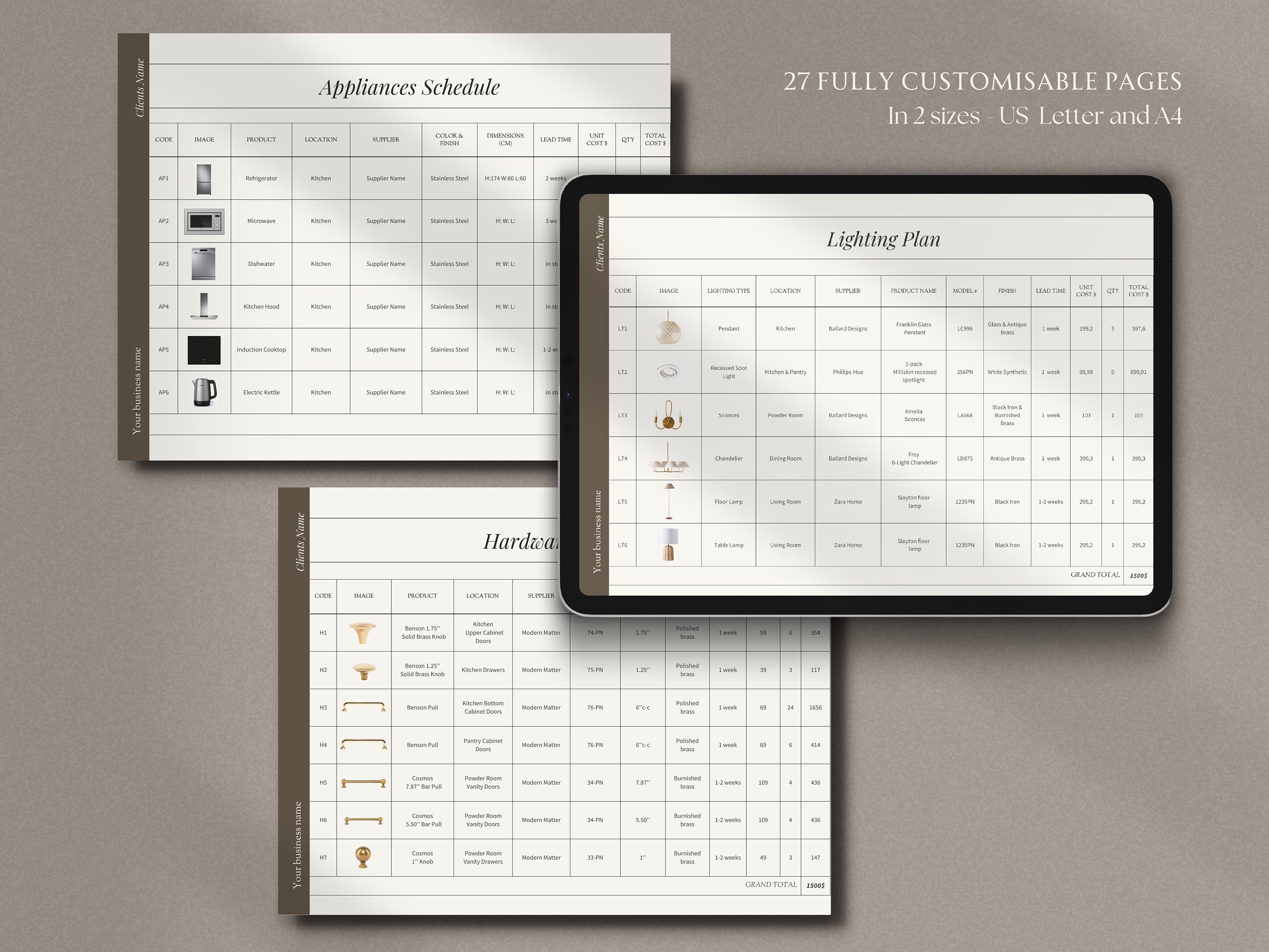 Interior Design Furniture, Finishes and Fixtures Schedule Template for ...