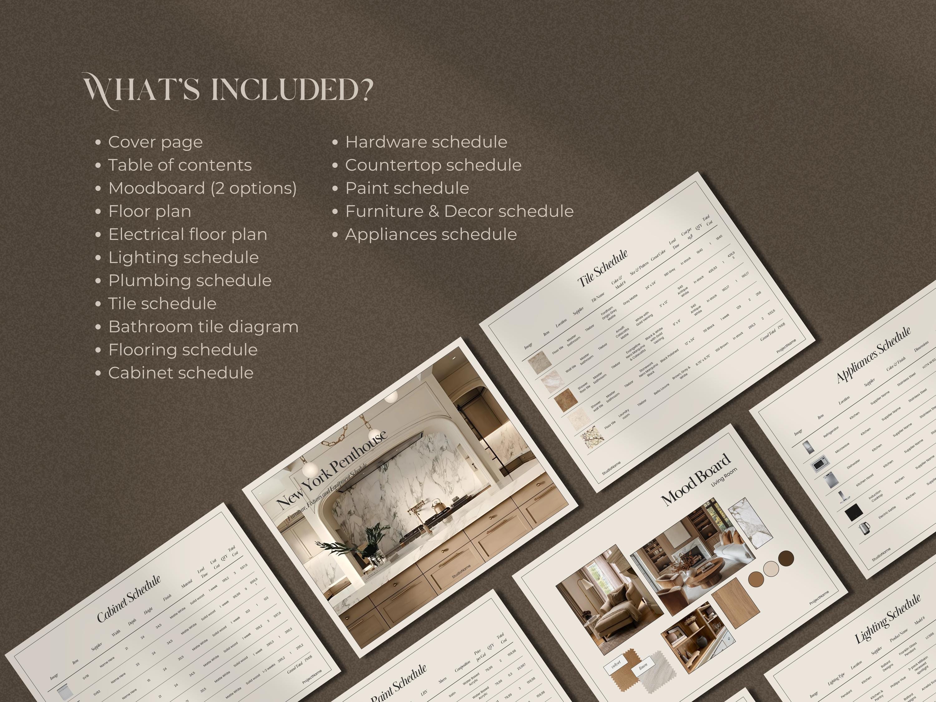 Interior Design FF&E Template | FFE Schedule | Interior Design Mood ...