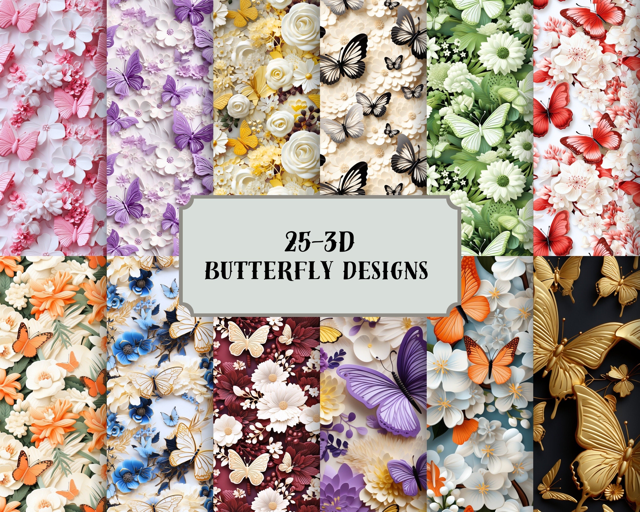 127 Digital Paper BUNDLE, Watercolor Butterflies, 3D Butterfly Pattern ...