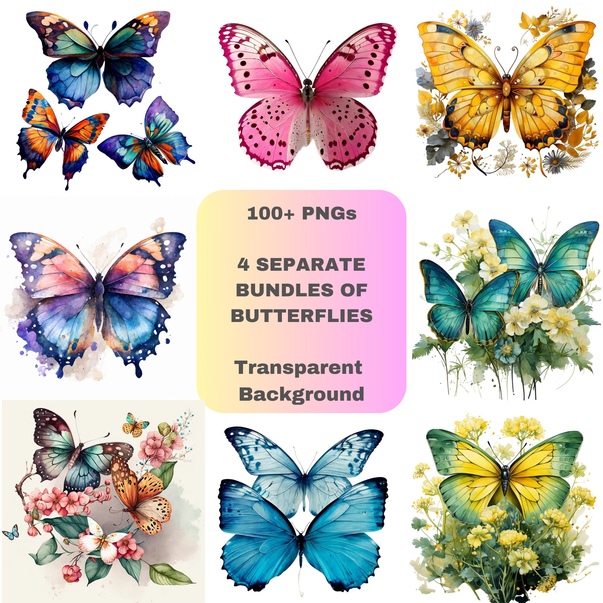 Watercolor Butterflies Clipart PNG Bundle 100 PNG Transparent ...