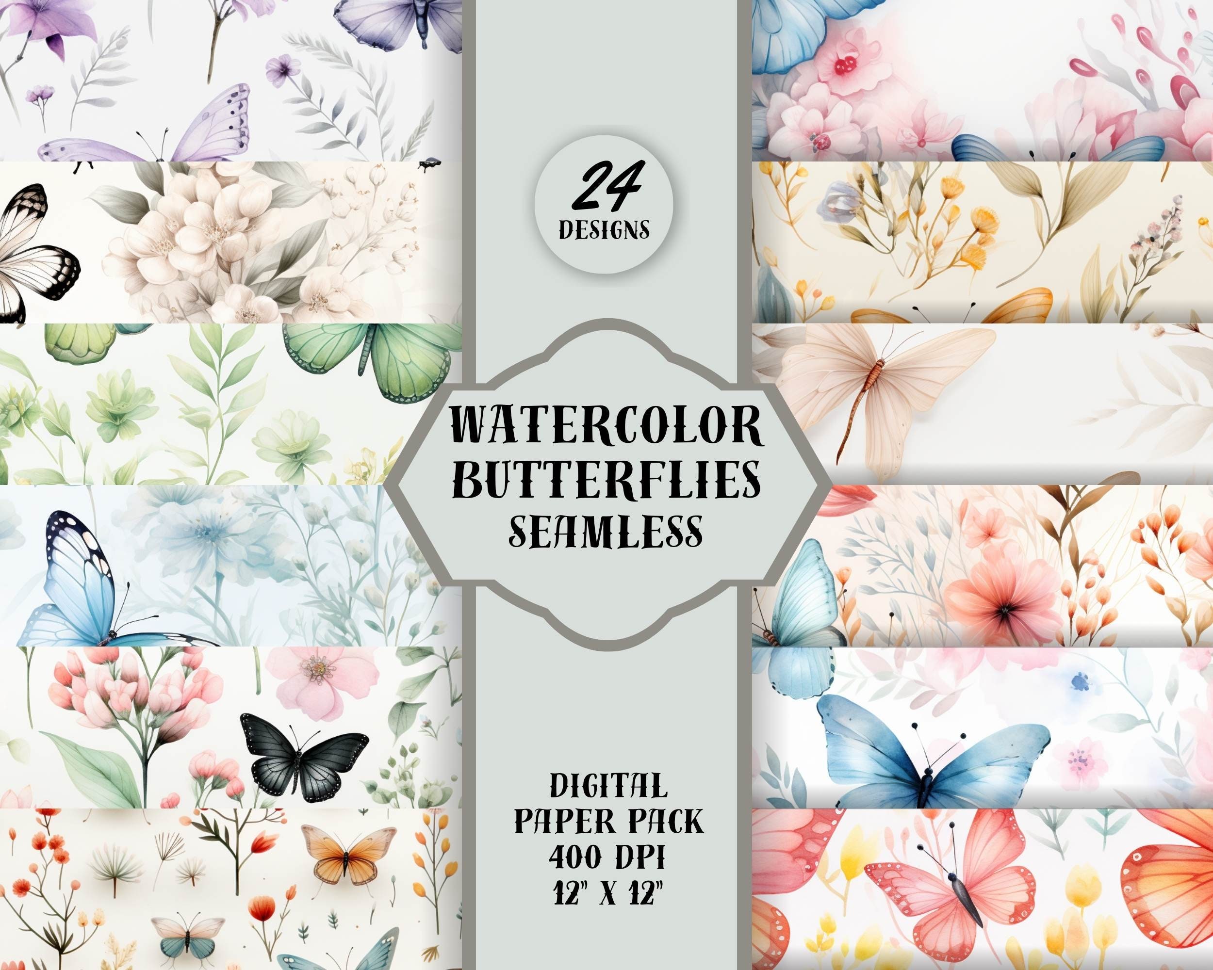 Watercolor Butterflies Digital Paper Pack, Butterfly Paper, Flower Clip ...