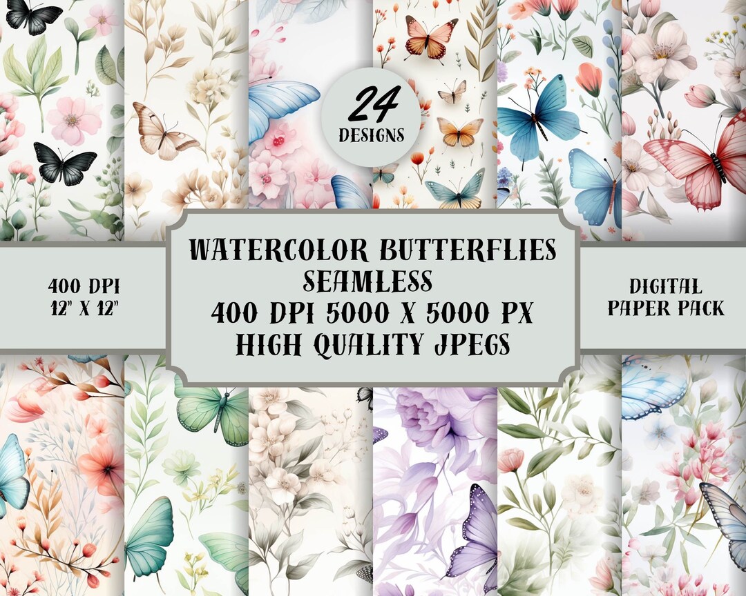 Watercolor Butterflies Digital Paper Pack, Butterfly Paper, Flower Clip ...