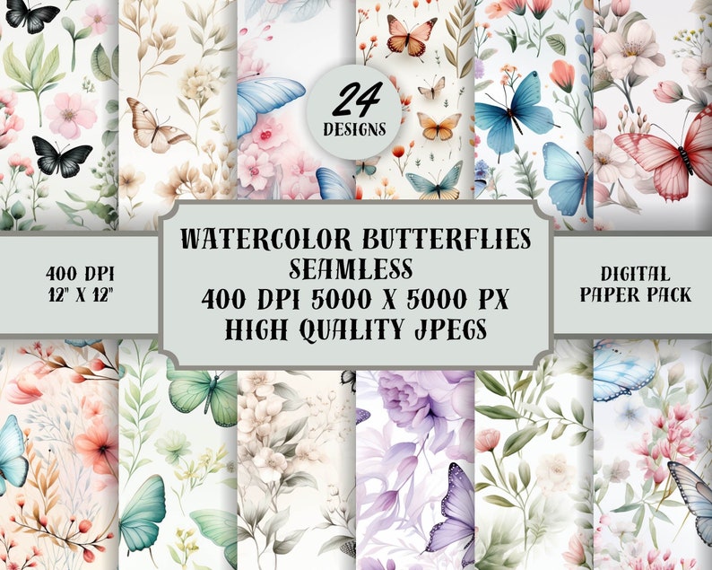 Watercolor Butterflies Digital Paper Pack, Butterfly Paper, Flower Clip ...