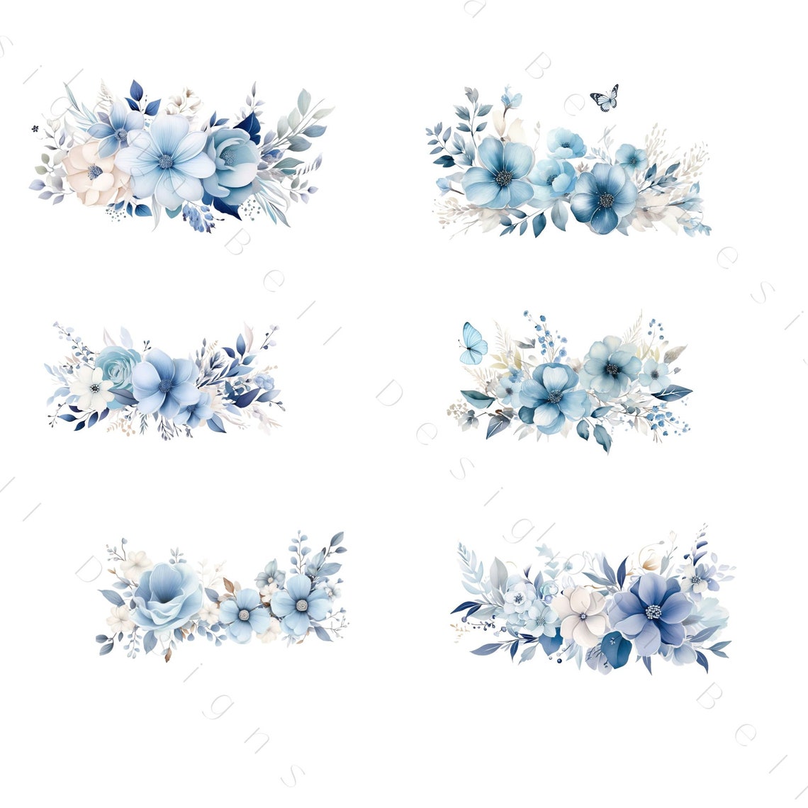 Dusty Blue Floral Border Clipart Premade Clipart Png Blue Floral Flower ...