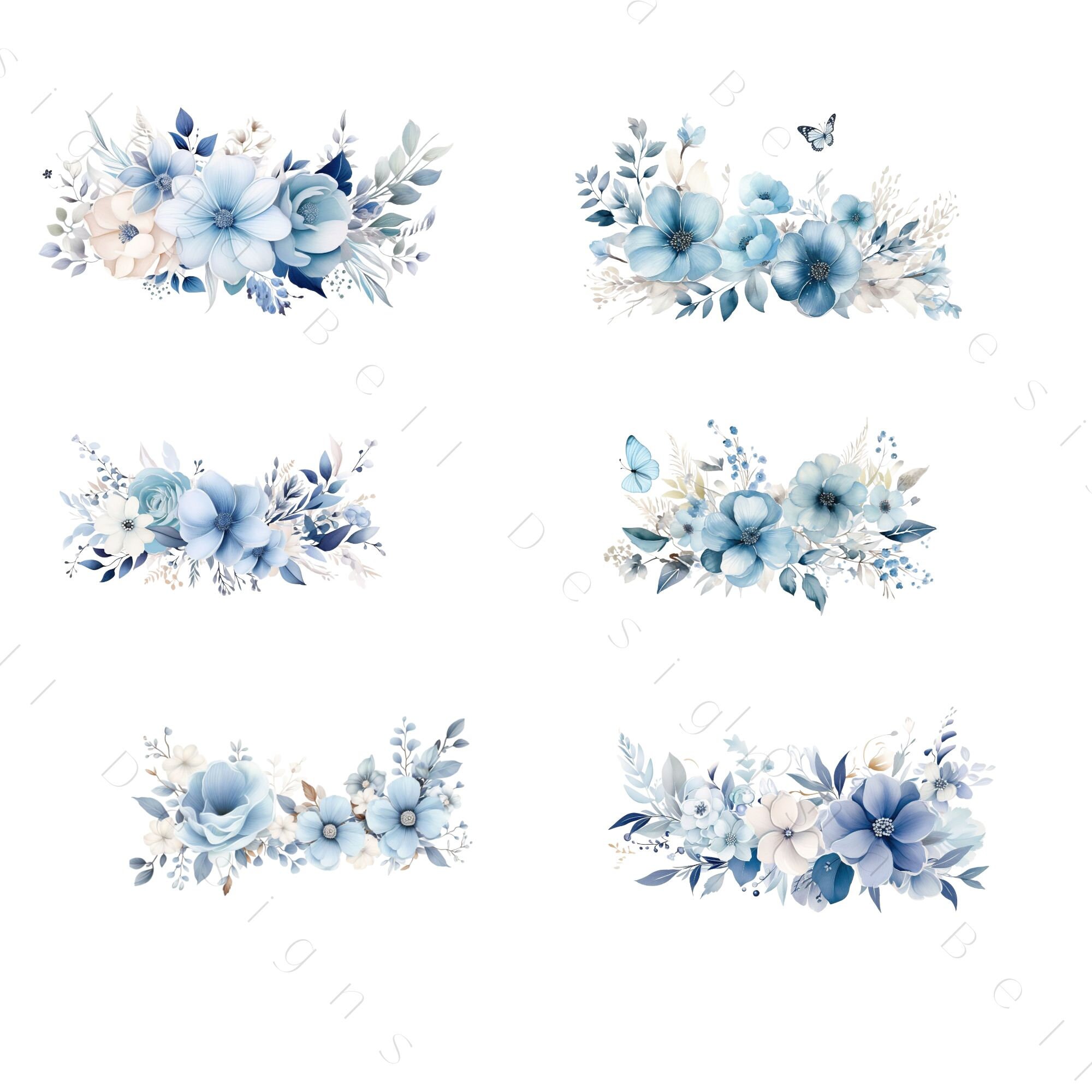 Dusty Blue Floral Border Clipart Premade Clipart Png Blue Floral Flower ...
