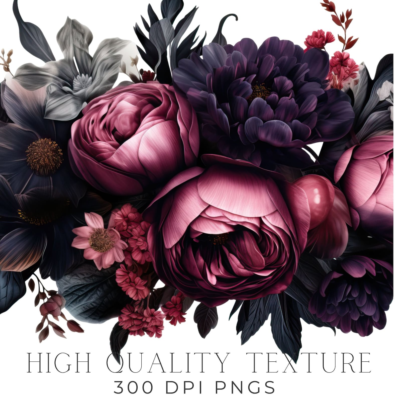 Dark Moody Clipart, Moody Gothic Flower Elements, Commercial Use, Black ...