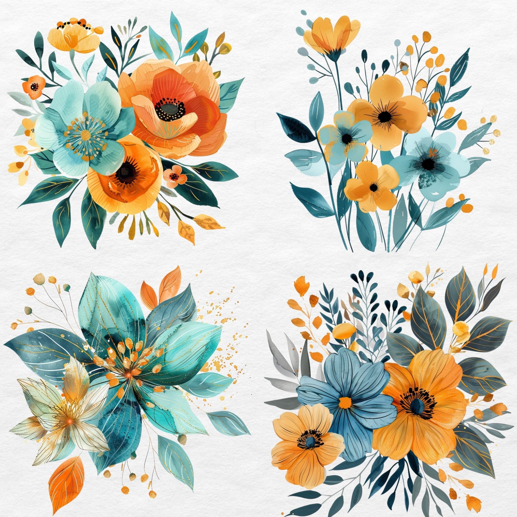 Blue Flower Clipart, Teal and Gold Clip Art, Flower Png, Teal Peonies ...