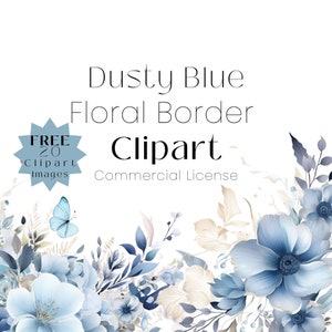 Dusty Blue Floral Border Clipart Premade Clipart Png Blue Floral Flower ...