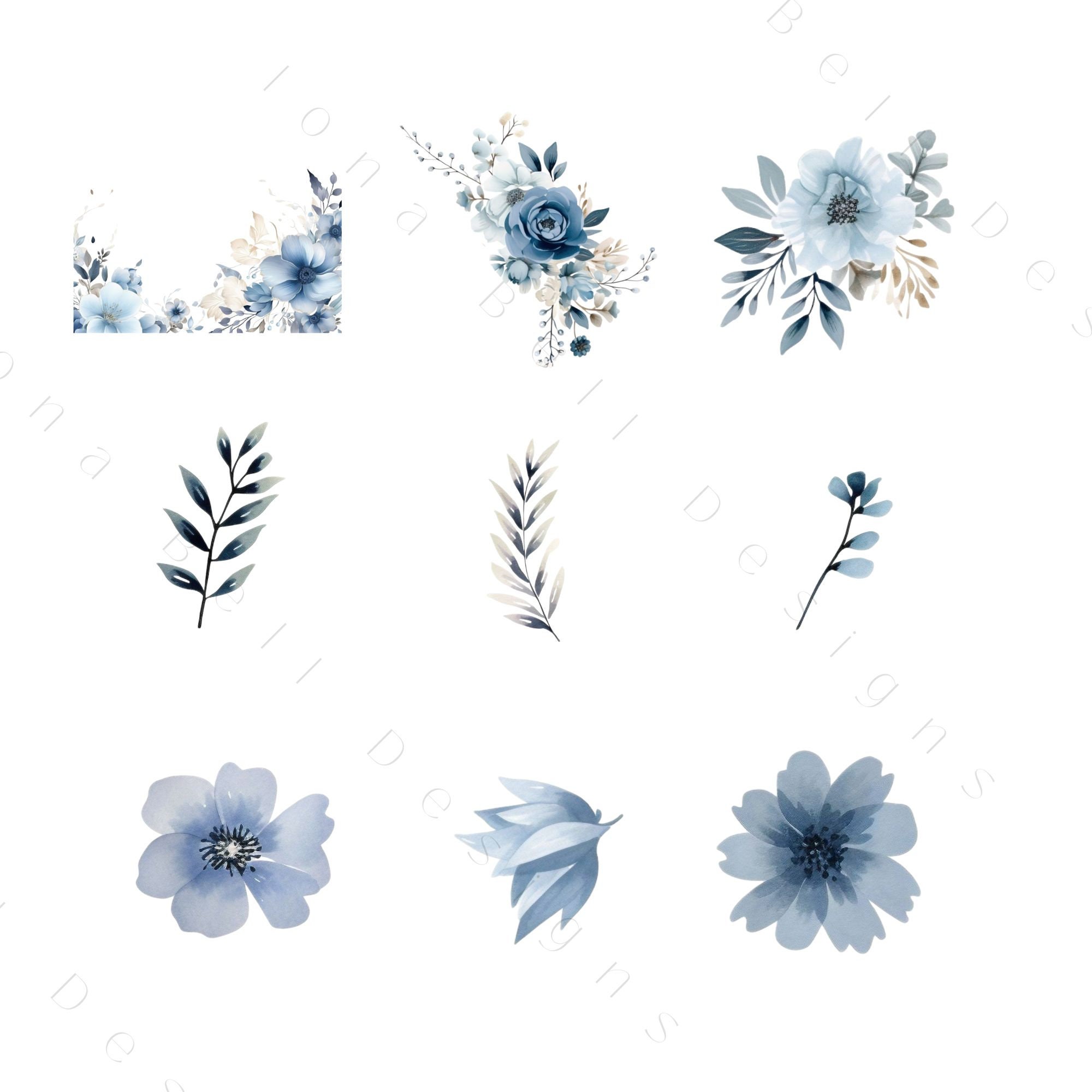 Dusty Blue Floral Border Clipart Premade Clipart Png Blue Floral Flower ...