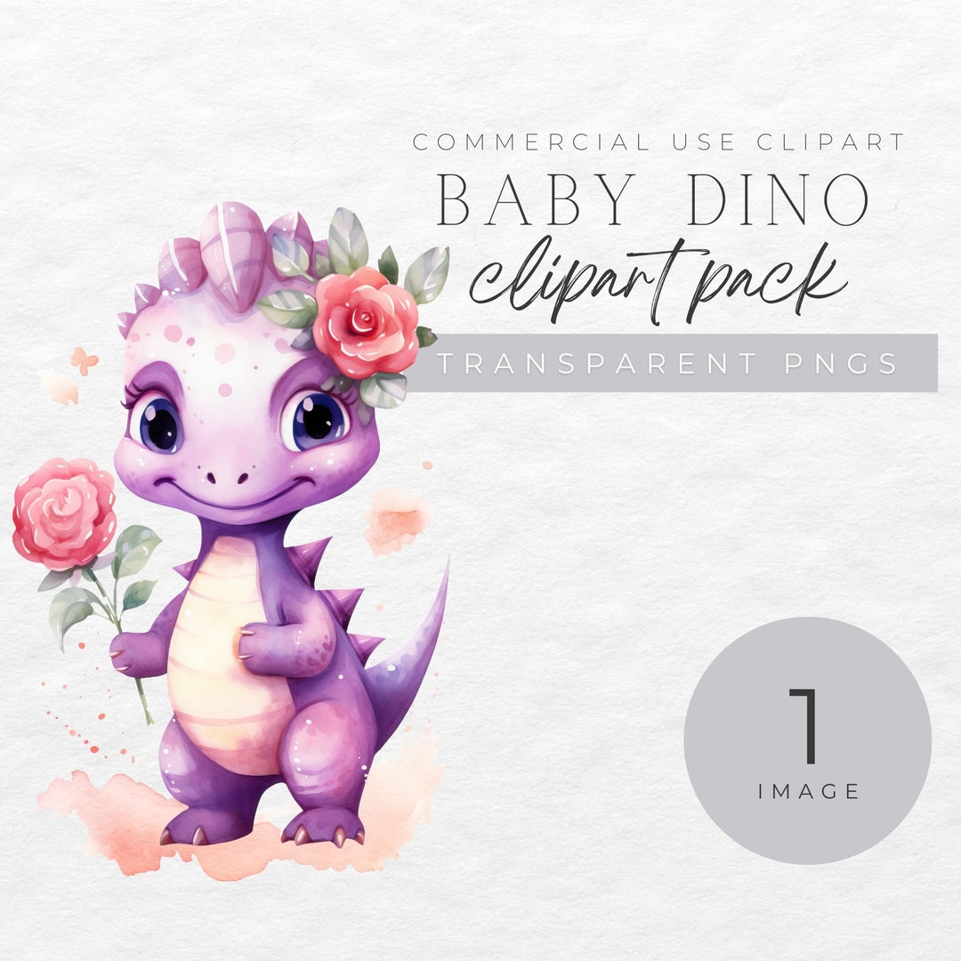 Watercolor Girl Dinosaur Clipart Baby Png, Nursery Wall Art, Commercial ...